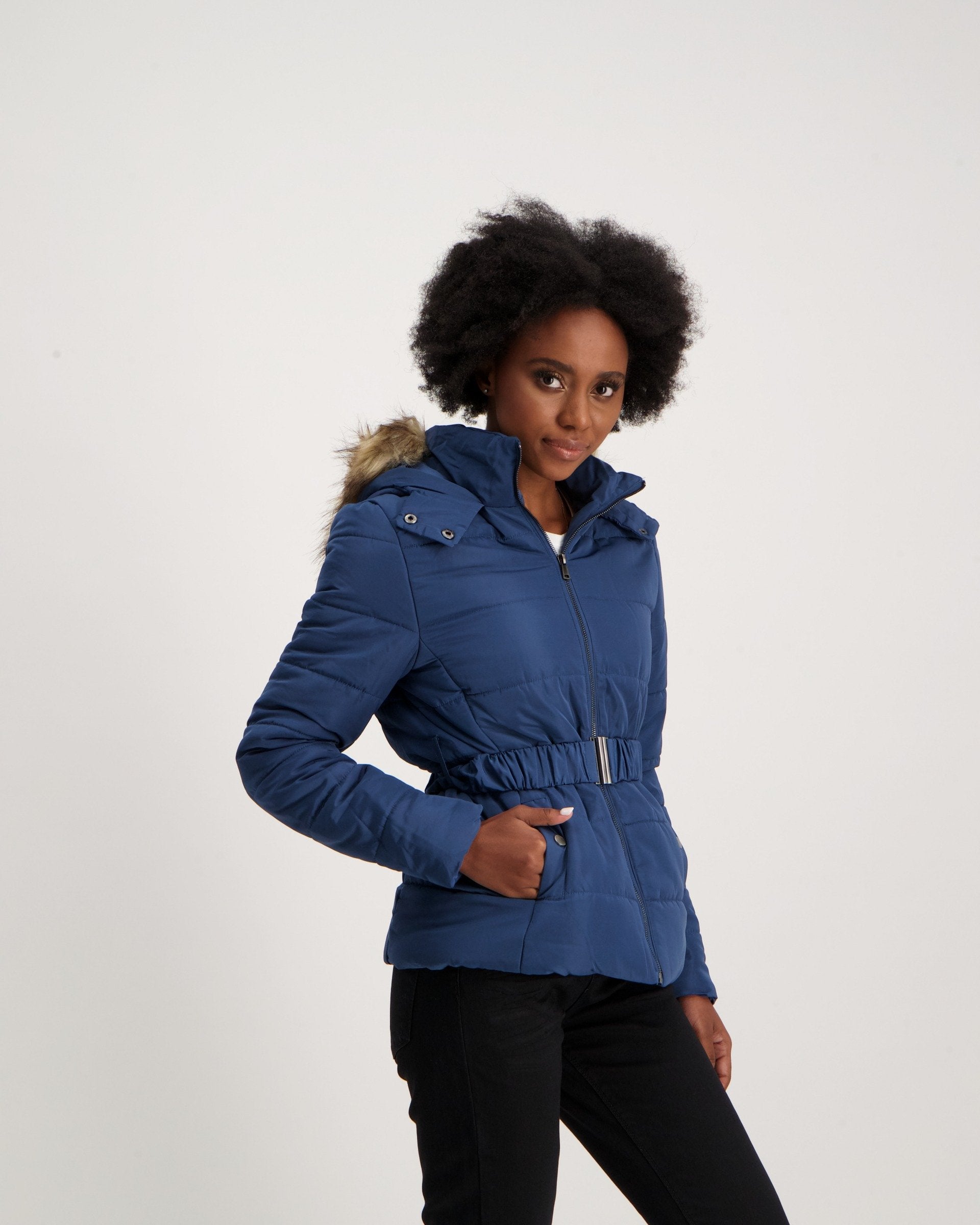 Ladies-Belted Puffer - Mid Blue – Edgars