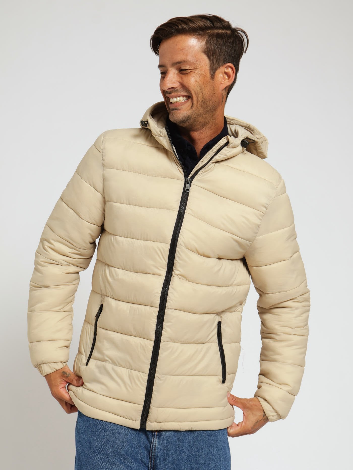 Mens Hooded Puffer Jacket - Stone – Edgars