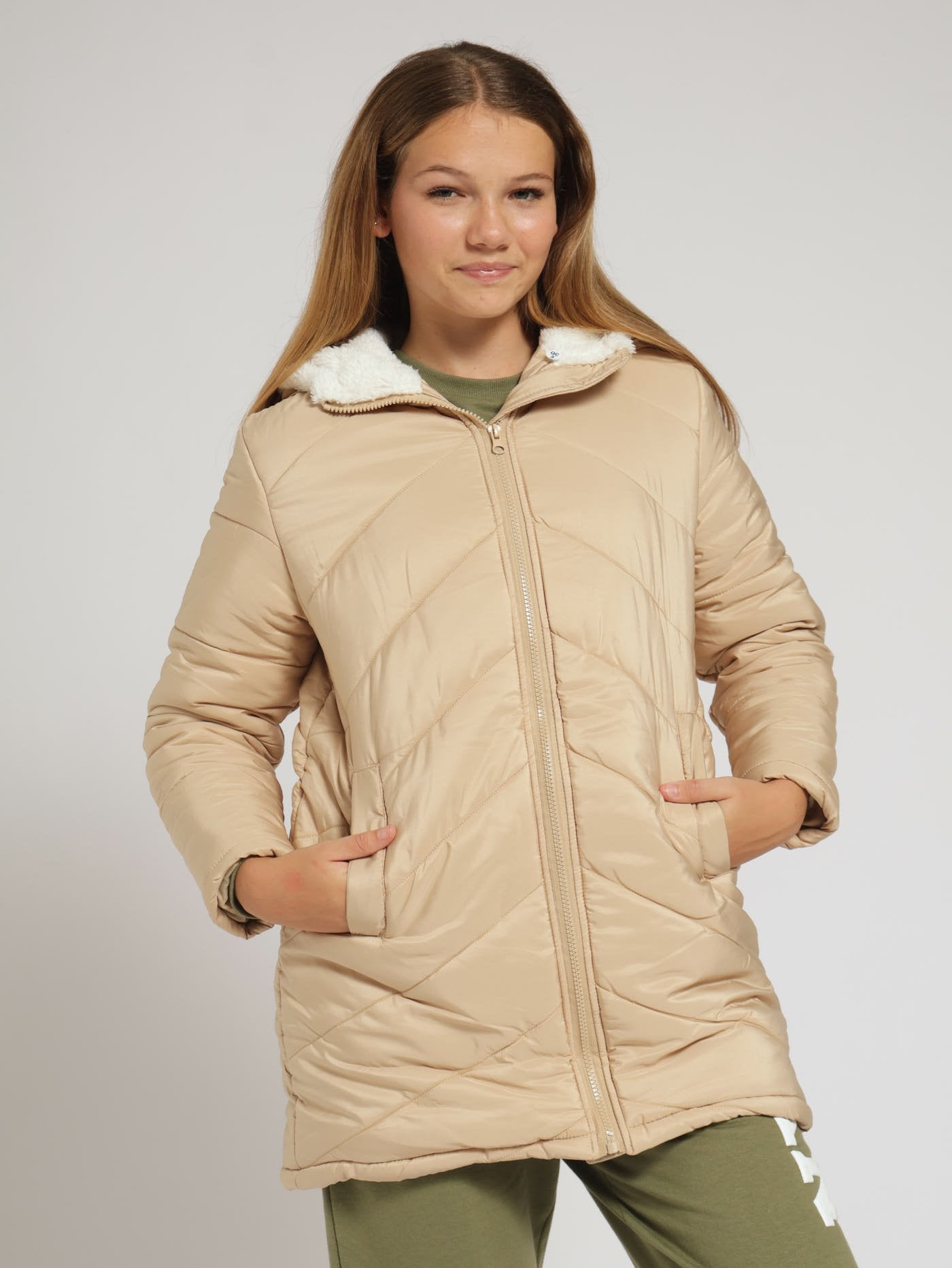 Girls Longer Length Puffer Jacket - Stone – Edgars