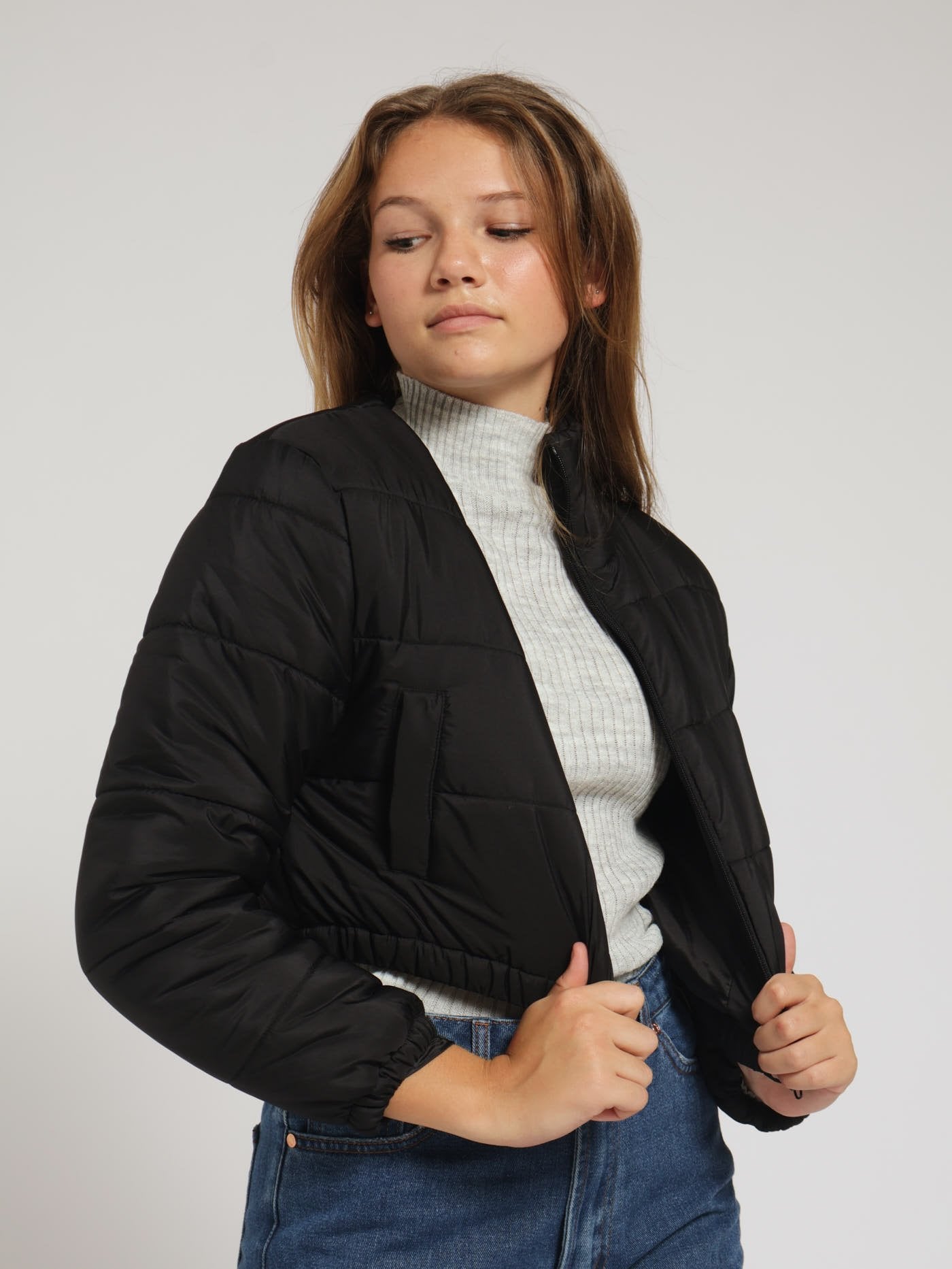 Girls Hi Neck Puffer Jacket - Black – Edgars