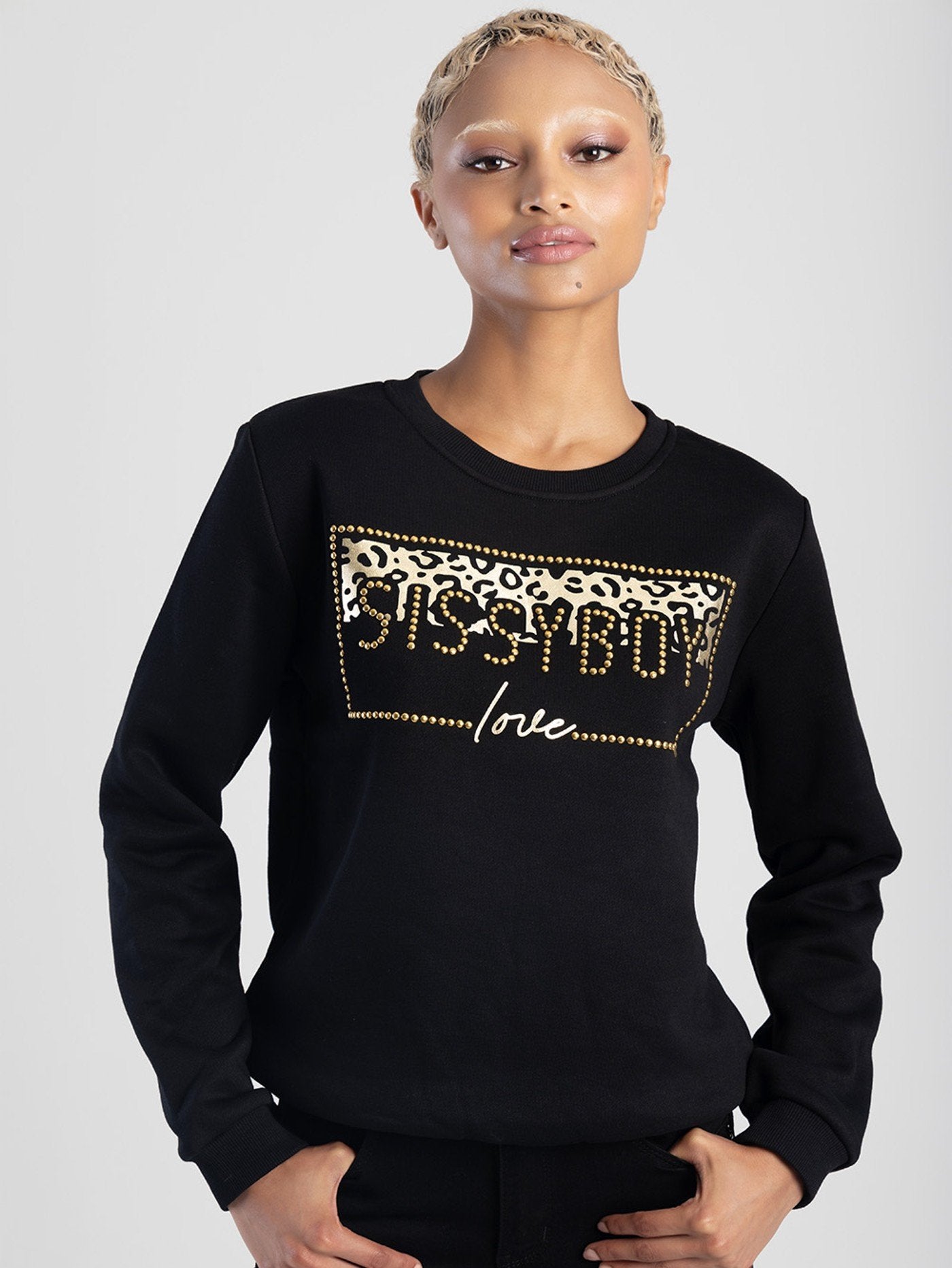Printed & Gold Stud Logo Sweat Top - Black – Edgars