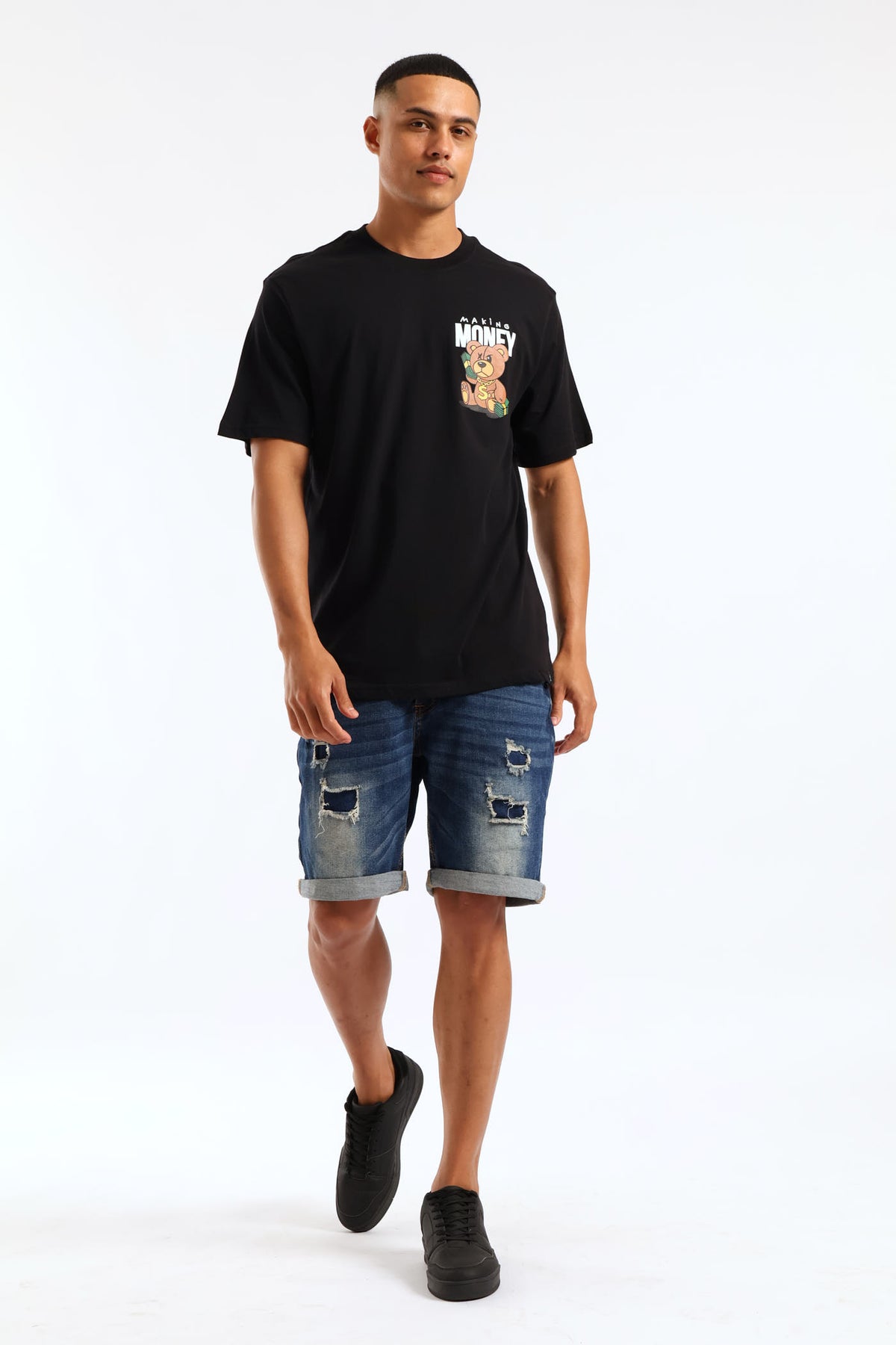 Mens Small Money Teddy Front Print Tee - Black – Edgars