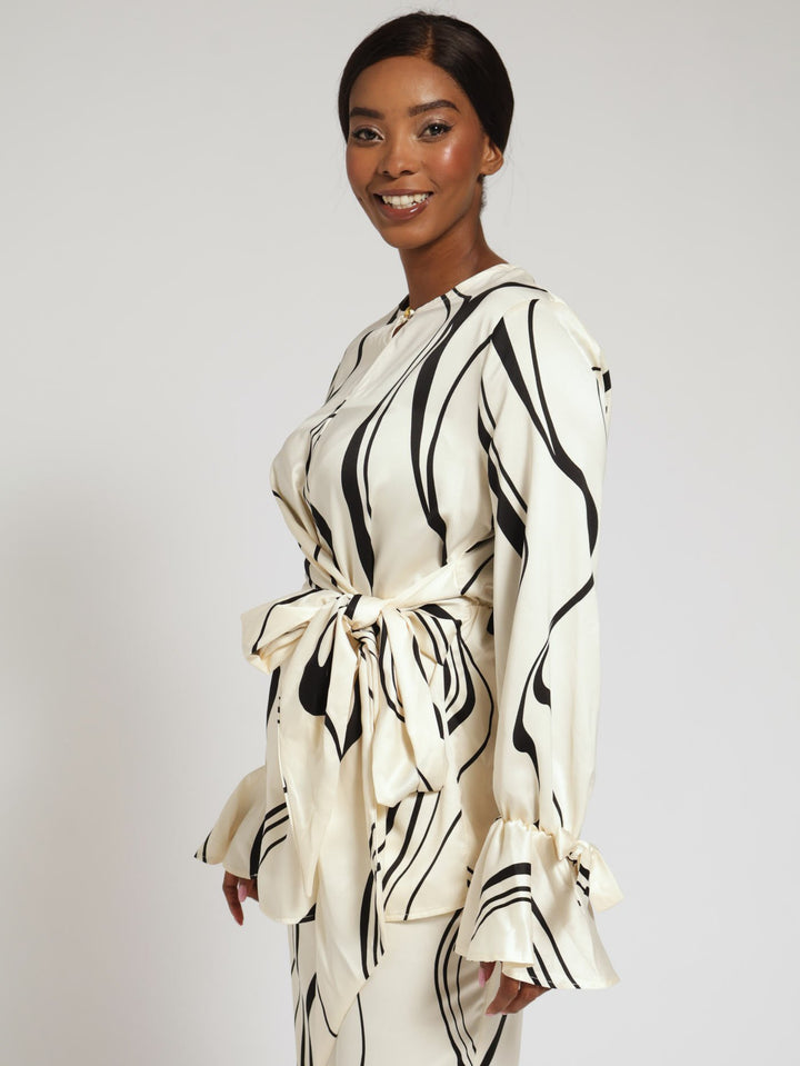 Ladies Keyhole Wrap Tie Up Blouse - Black/Beige – Edgars