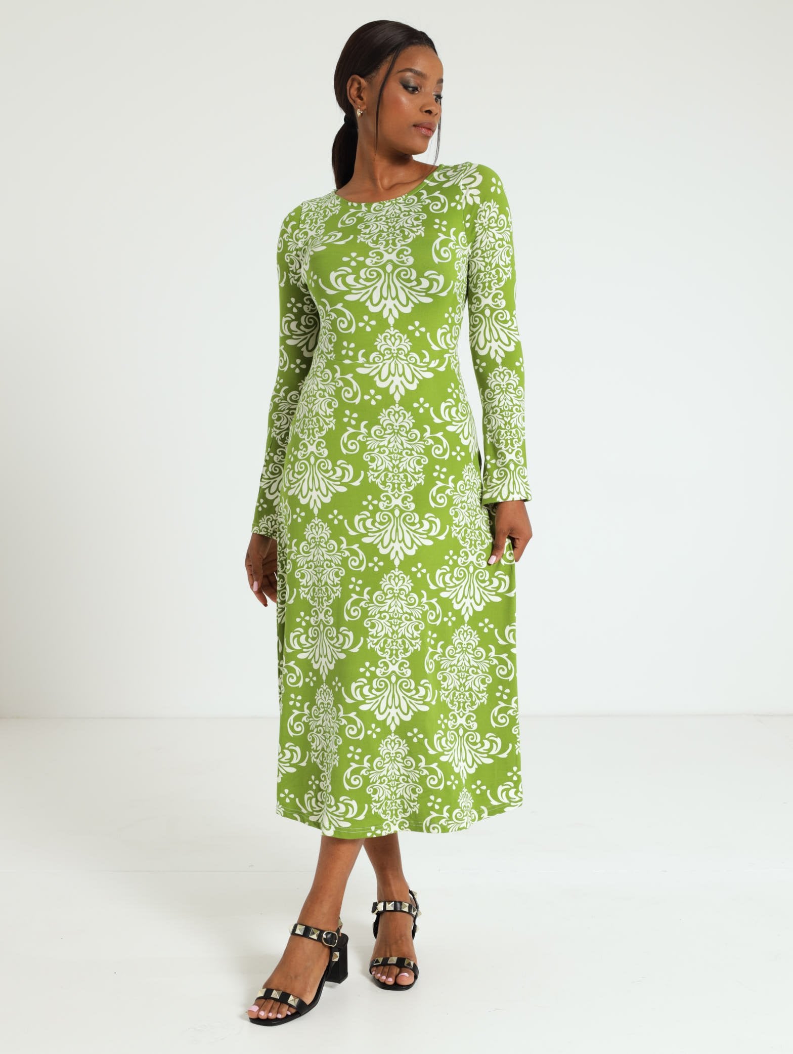 Ladies Long Sleeve Boatneck Midi Dress - Green – Edgars