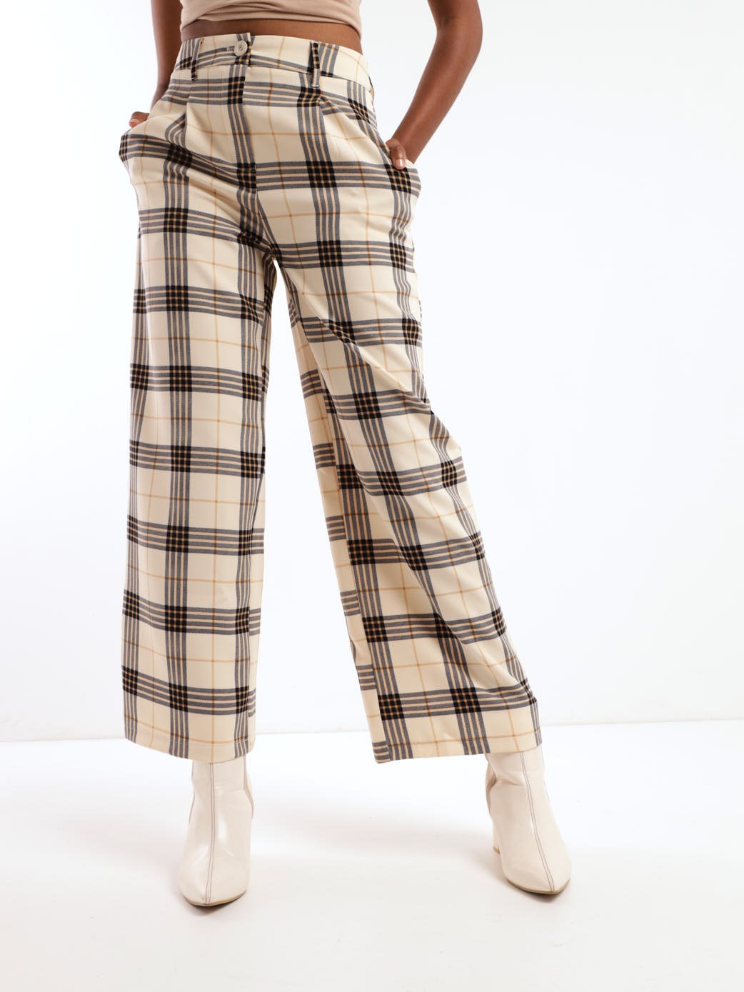 Ladies Check Wide Leg Pleated Pant - Cream – Edgars